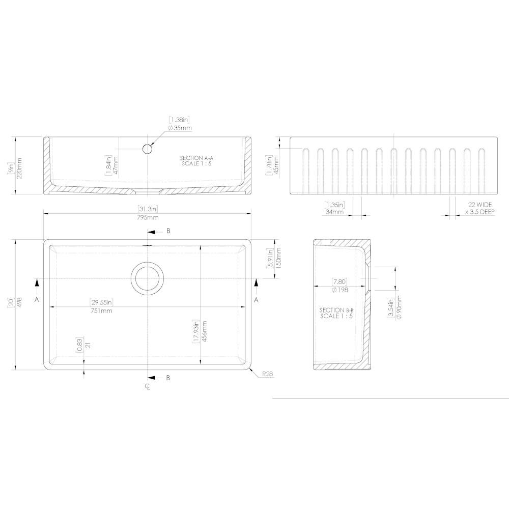 NUIE Butler Fluted Sink with Overflow 795 x 500 x 220mm