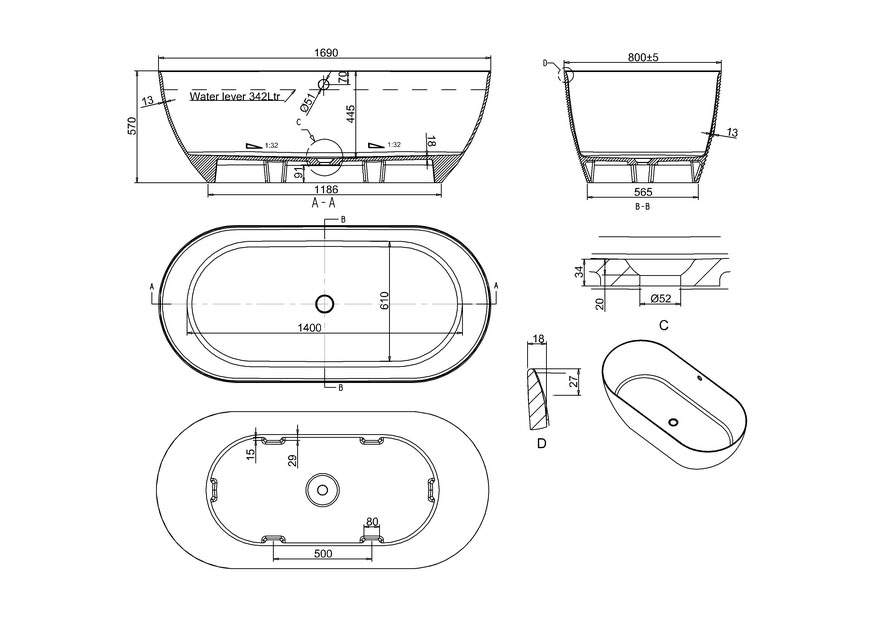 Clearwater Formoso Grande 1690 x 800 Clear Stone Freestanding Bath - N2ACS