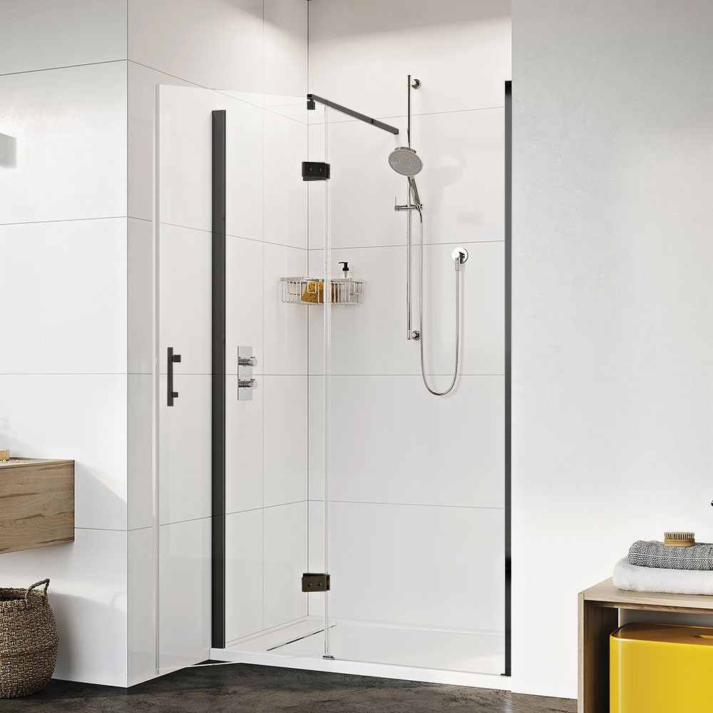 Roman Innov8 Matt Black Hinged Door with In-Line Panel 1000mm for ...