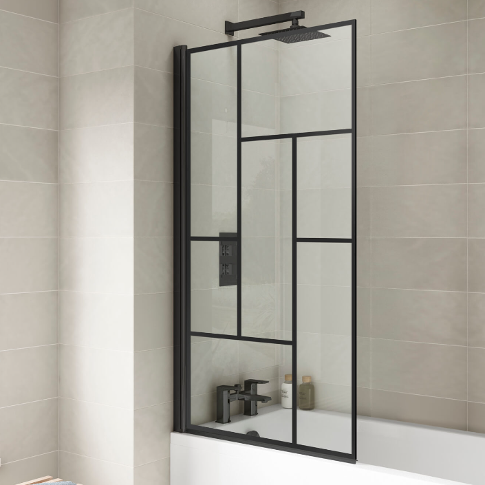 Nuie Abstract Matt Black Frame Effect Bath Shower Screen - 1430 x 785mm ...