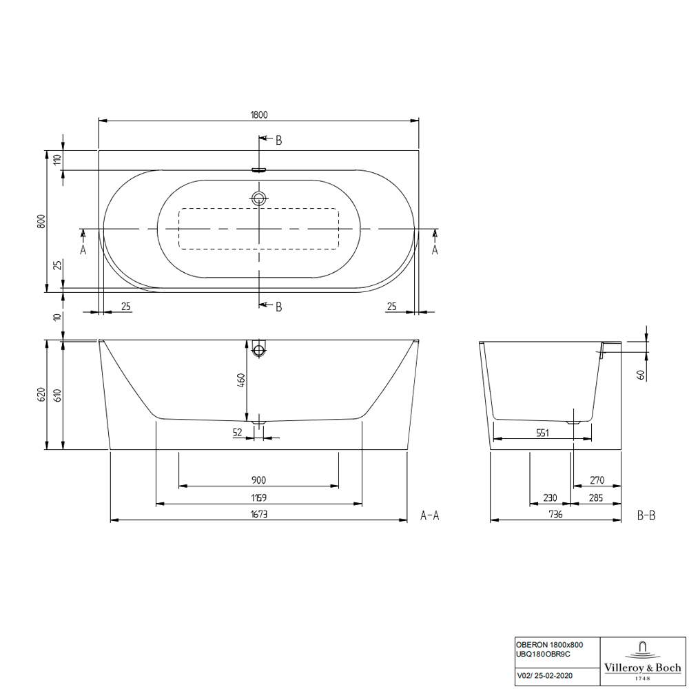 Villeroy & Boch Oberon 2.0 1800 x 800mm Back To Wall Bath
