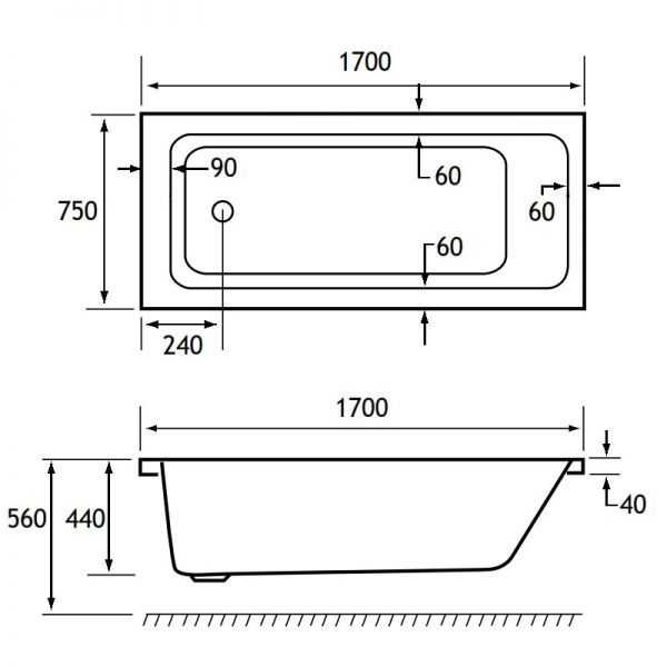 Beaufort Portland 1700 x 750 Beauforte Reinforced Single Ended Bath, 42 ...