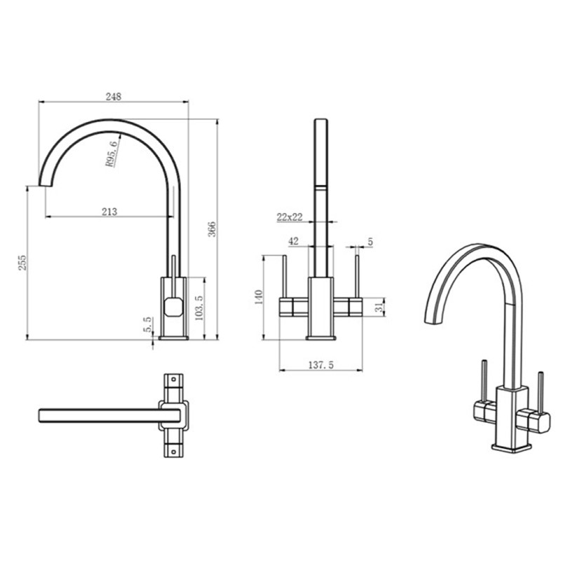 RAK Athens Modern Twin Lever Kitchen Sink Mixer, RAKKIT008 ...