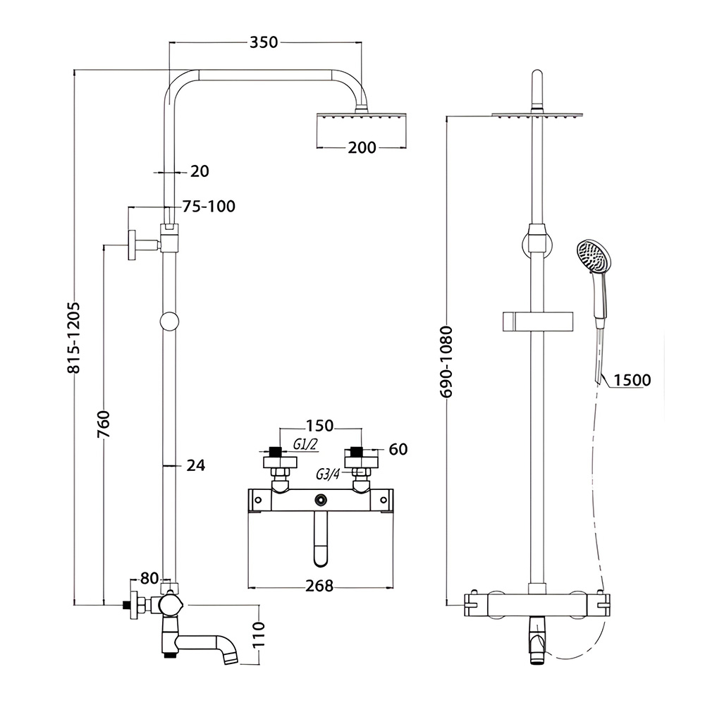 Scudo Solar Round Rigid Riser Shower With Bath Filler