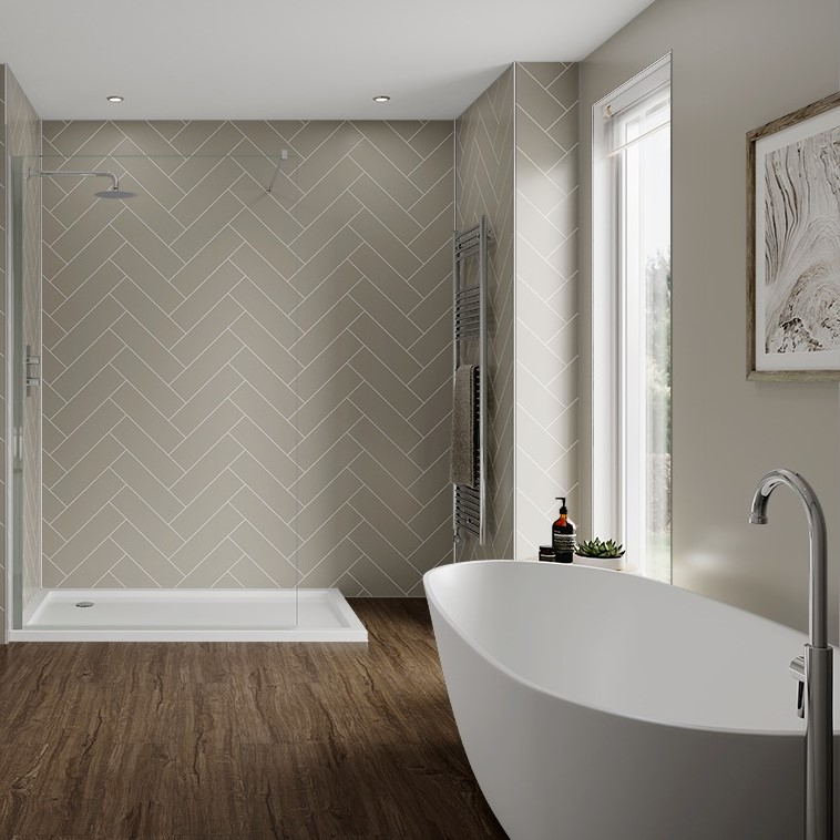 Multipanel Taupe Grey Herringbone Tile Effect Shower Wall Panel or ...