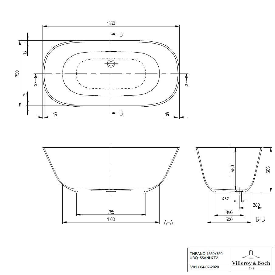Villeroy & Boch Theano 1550 x 750mm Quaryl FresStanding Bath - Grey