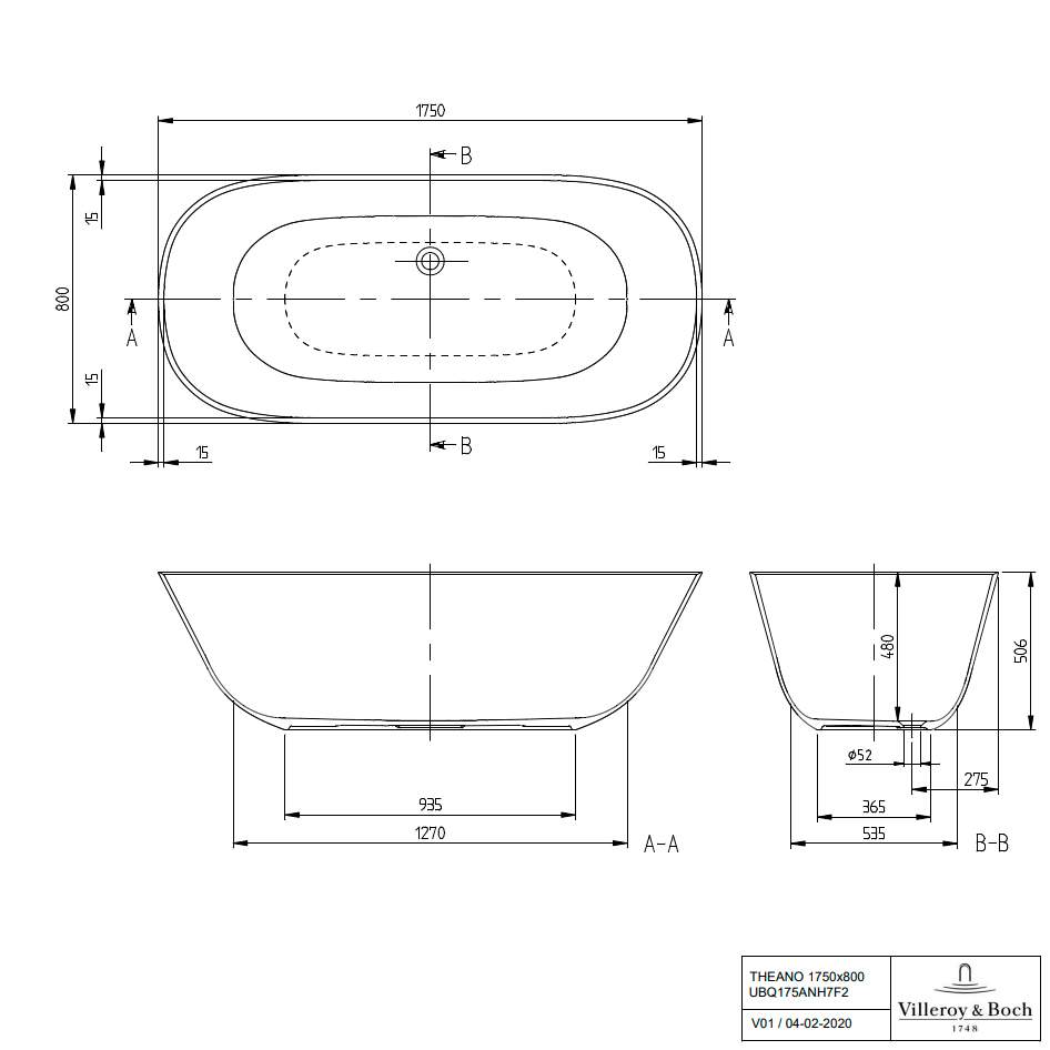 Villeroy & Boch Theano 1750 x 800mm Quaryl Freestanding Bath - White Alpin