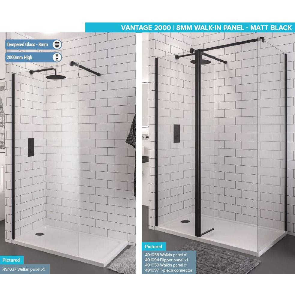 Eastbrook Matt Black Vantage 8mm 1000mm Walk In Shower Screen 49 106